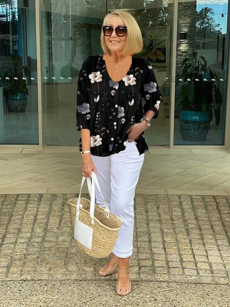 Teresa - Bluză Elegantă Cu Imprimeu Floral și Nasturi – Albescu-Sibiu